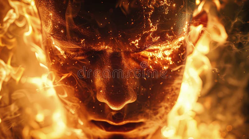 Fiery Embrace: Intense Close-Up Portrait Amidst Flames Stock Image ...