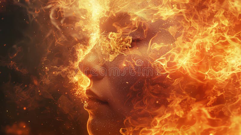 Fiery Embrace: Intense Close-Up Portrait Amidst Flames Stock Photo ...