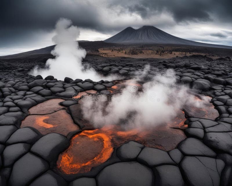 Fiery Eruption Amid Cracked Lava Rocks Stock Illustration ...