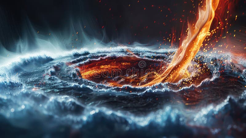 A Fiery Eruption Amidst Swirling Water, Depicting a Dramatic Clash of ...