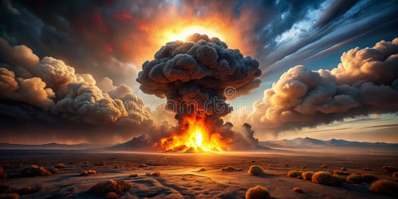 Fiery Eruption Engulfing a Desolate Landscape with Billowing Smoke ...