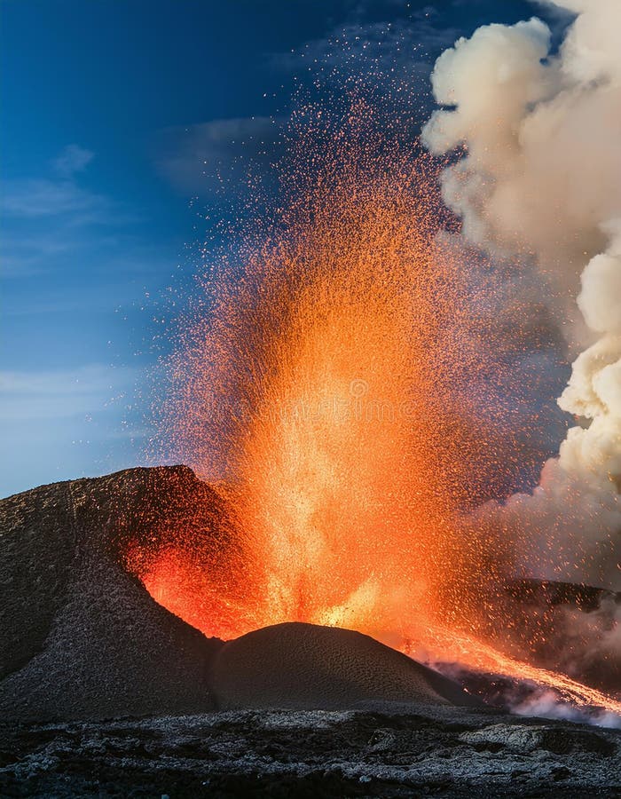 Fiery Eruption from a Volcano with Thick Smoke and Lava Flowing Down ...