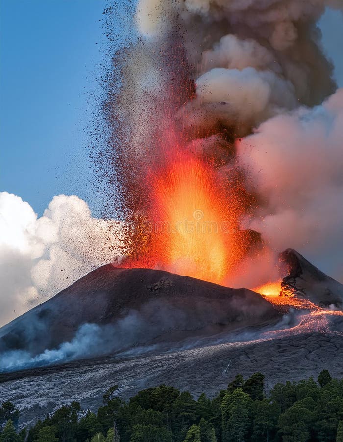 Fiery Eruption from a Volcano with Thick Smoke and Lava Flowing Down ...