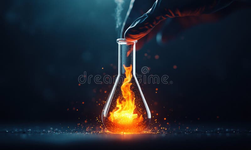 Fiery Experiment in Laboratory Flask on Dark Background Stock ...