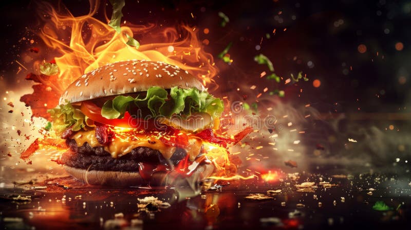 Fiery Exploding Burger - Generative AI Stock Photo - Image of explosion ...