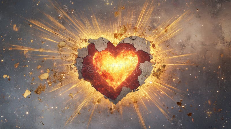 Fiery Exploding Heart Bursting with Golden Light Against Dark ...