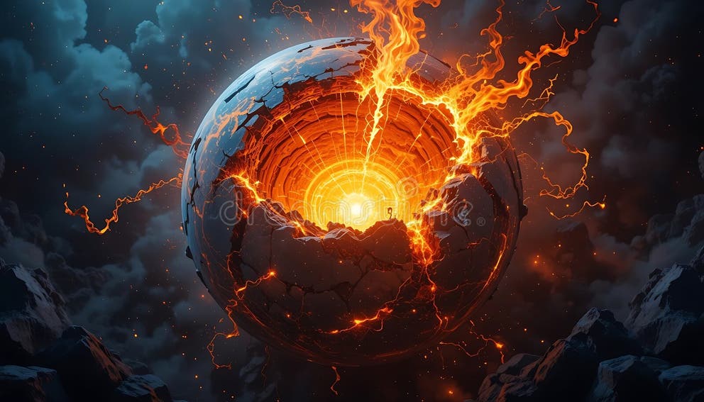 Fiery Exploding Planet with Molten Core and Cosmic Background Stock ...