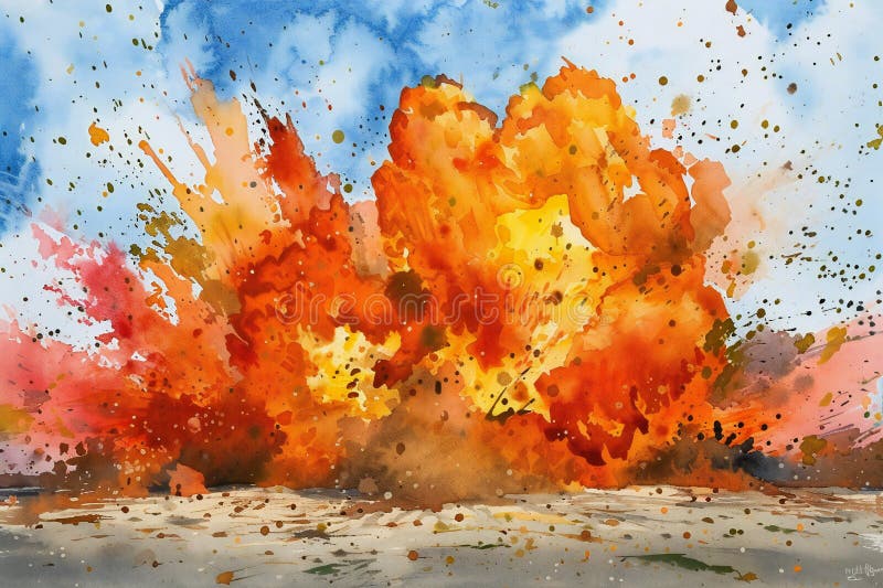 Fiery Explosion on the Beach, Watercolor Painting on Canvas Stock ...