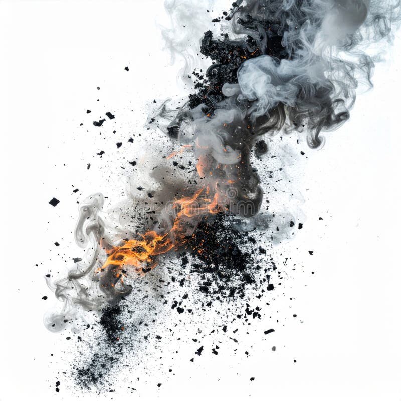 Fiery Explosion with Black Smoke and Ash on White Background Stock ...