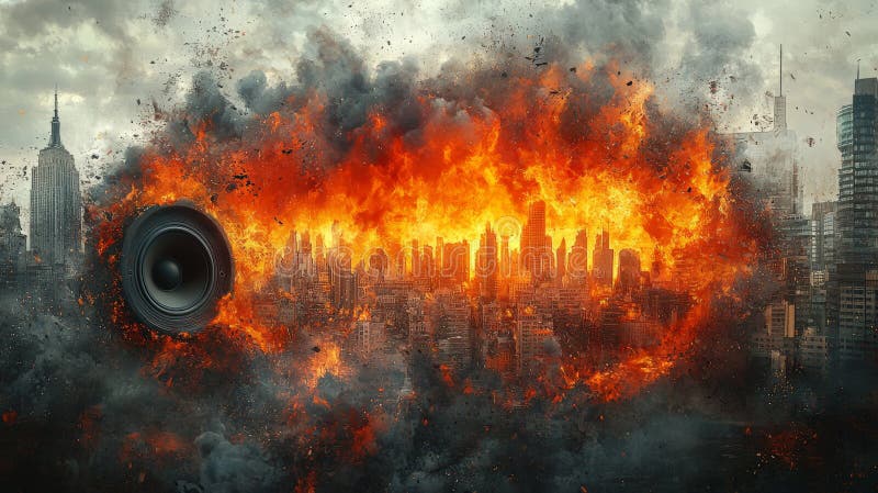 Fiery Explosion Consuming a City Skyline with Speaker Impact Stock ...