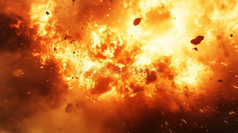 Fiery Explosion with Debris in a Night Sky. Dramatic and Intense Energy ...