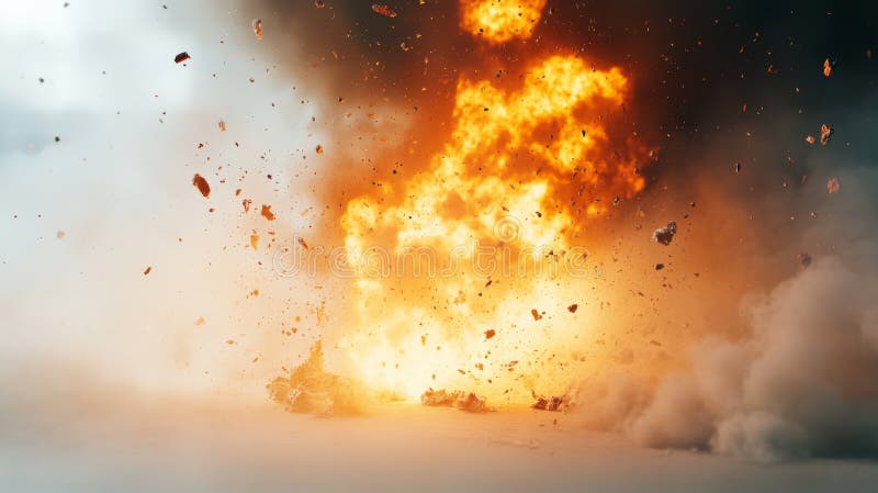 Fiery Explosion with Debris and Smoke in Open Landscape, Dramatic Fiery ...