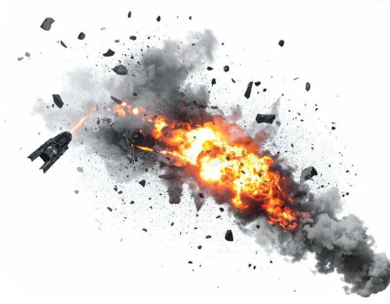 Fiery Explosion with Debris and Smoke on White Background Stock ...