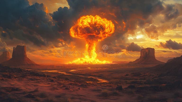 Fiery Explosion in Desert Landscape with Dramatic Clouds Stock Photo ...