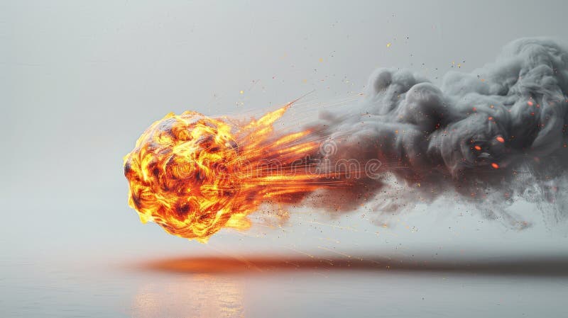 An Explosive Fireball with Smoke Trails Moving through a Gray ...