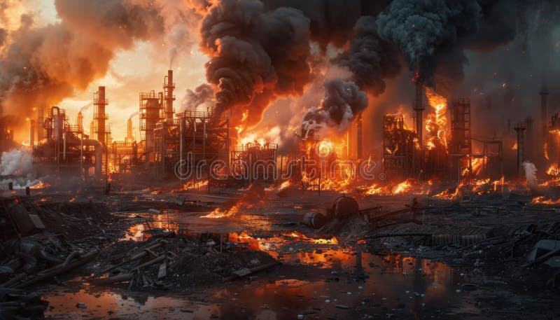 A Fiery Explosion Envelops an Industrial Area with Heavy Smoke and ...