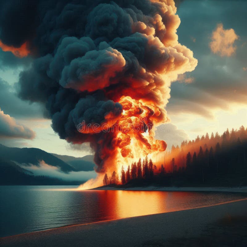 A Fiery Explosion in the Forest on the Shore of the Lake. Stock Photo ...