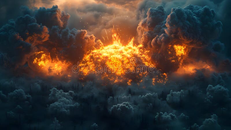 Fiery Explosion Illustration, Dark Clouds and Forest Stock Illustration ...