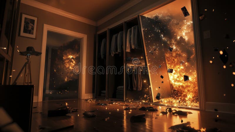 Fiery Explosion Incident in a Bedroom Interior Scene Dramatic ...