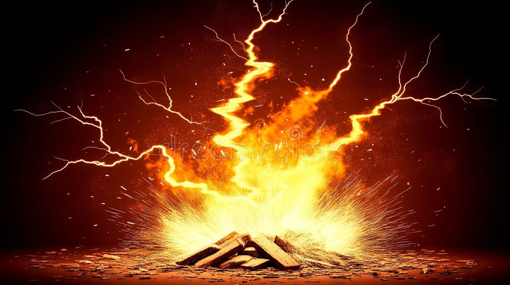 Fiery Explosion with Lightning Strikes and Burning Embers Dramatic ...