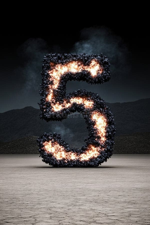 Fiery Explosion of Number Five in Desert Landscape at Night Stock Image ...