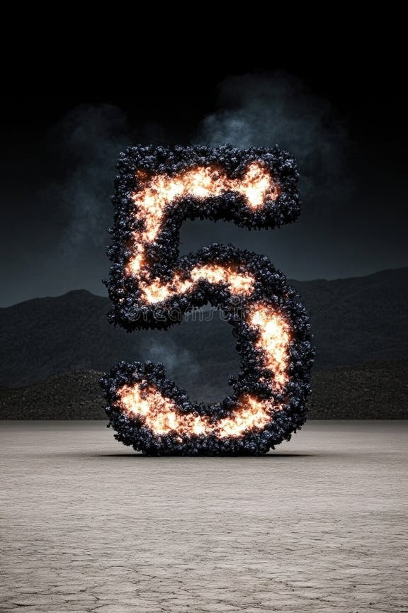Fiery Explosion of Number Five in Desert Landscape at Night Stock Image ...