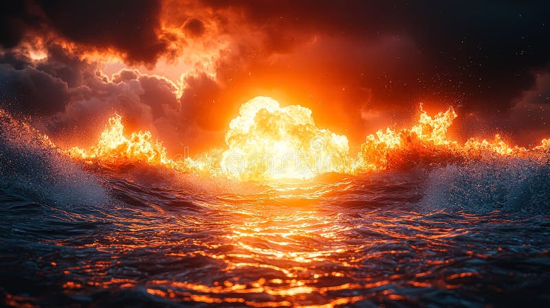 Fiery Explosion in the Ocean with a Bright Orange Sun in the Background ...