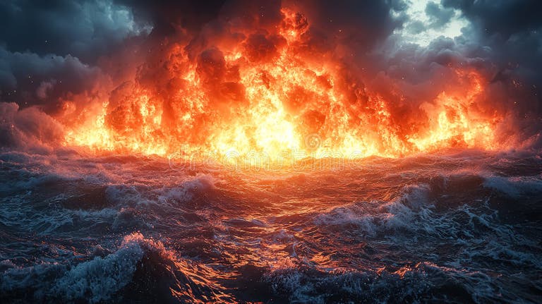 Fiery Explosion in the Ocean with a Dark Sky in the Background Stock ...