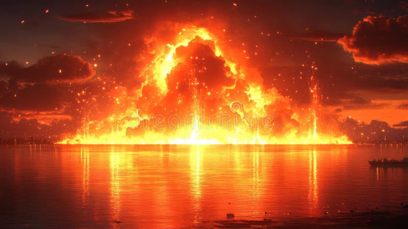 Fiery Explosion Over Calm Ocean Sunset Stock Photos - Free & Royalty ...