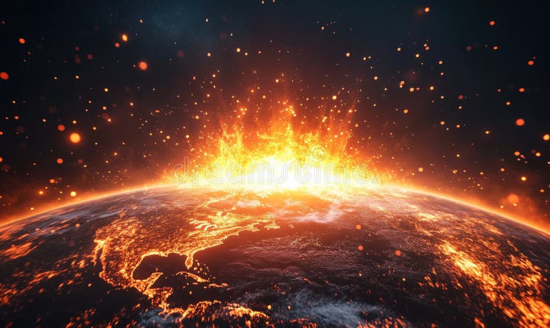 Fiery Explosion Over Earth Depicting Catastrophic Climate Change and ...