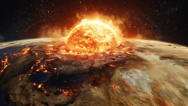 A Fiery Explosion on a Planet with a Large, Glowing Sun in the ...