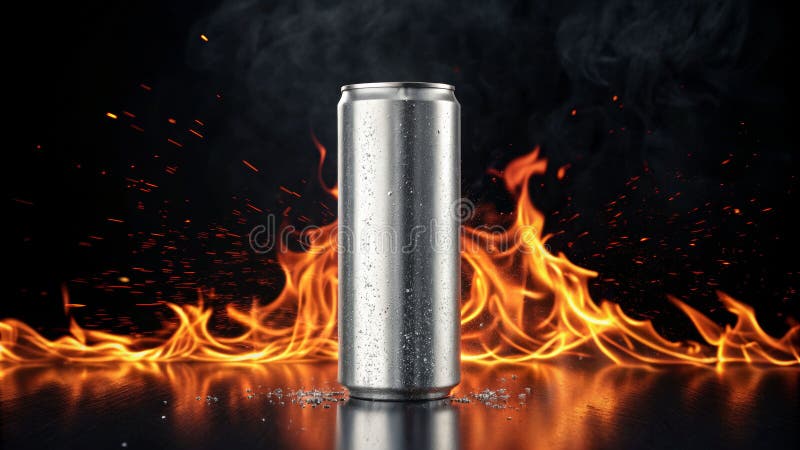 Fiery Explosion of a Product Metallic Energy Drink Can Standing Tall ...