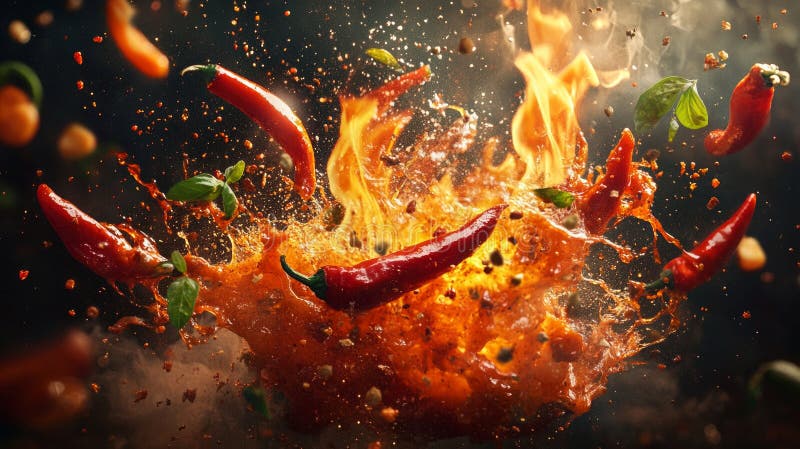 Fiery Explosion of Red Chili Peppers in Mid-air with Flames and Herbs ...