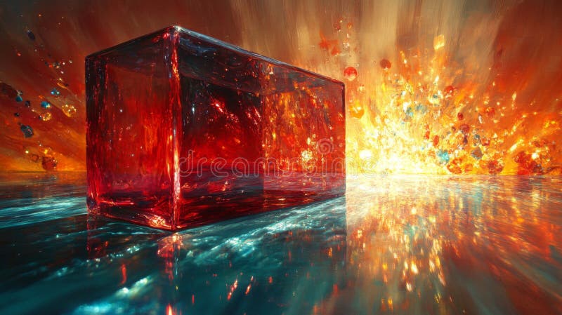 Fiery Explosion with Red Glass Cube Reflecting Light Stock Illustration ...