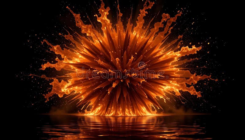 Fiery Explosion with Water Reflection Against a Dark Background ...