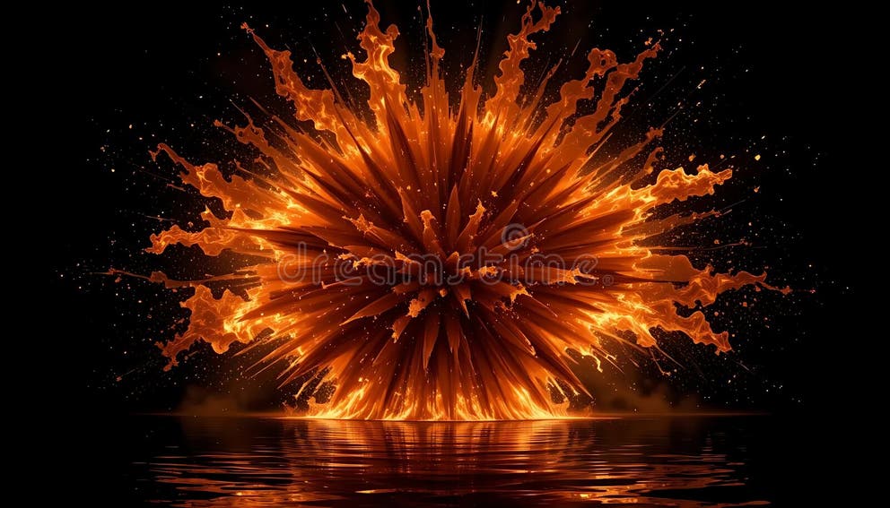 Fiery Explosion with Water Reflection Against a Dark Background ...