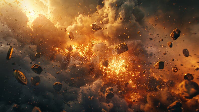 Fiery Explosion with Rocks and Debris Billowing in a Dramatic Orange ...