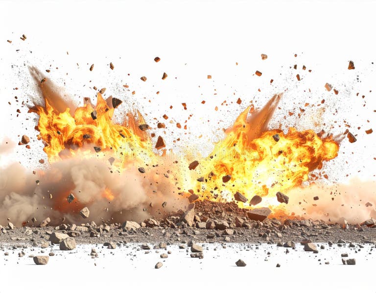 Fiery Explosion with Rocks and Dust on White Background Stock ...