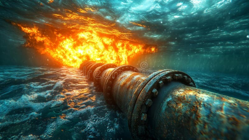 Fiery Explosion from a Ruptured Pipeline Underwater Stock Illustration ...