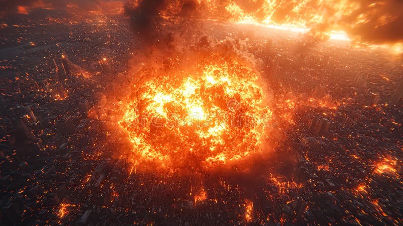 Fiery Explosion is Seen in the Sky Above a City Stock Image - Image of ...