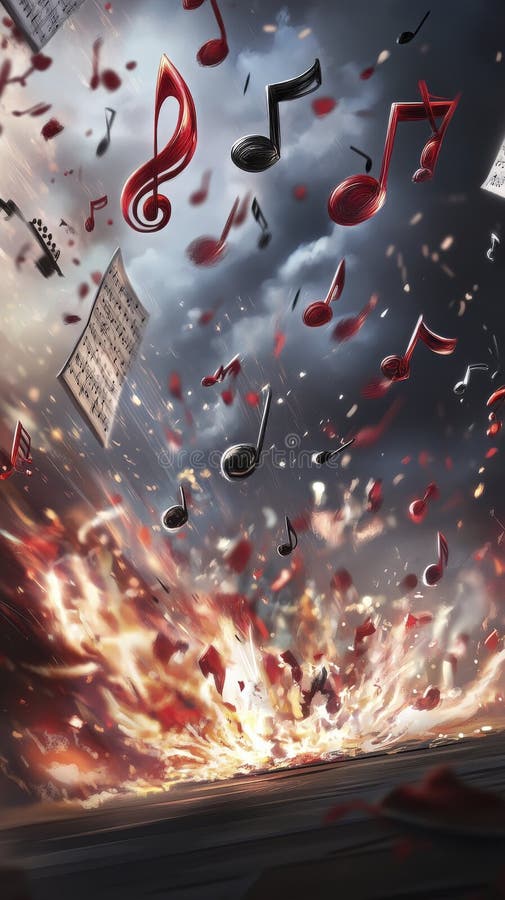 Fiery Explosion of Sheet Music and Notes in the Sky Stock Illustration ...