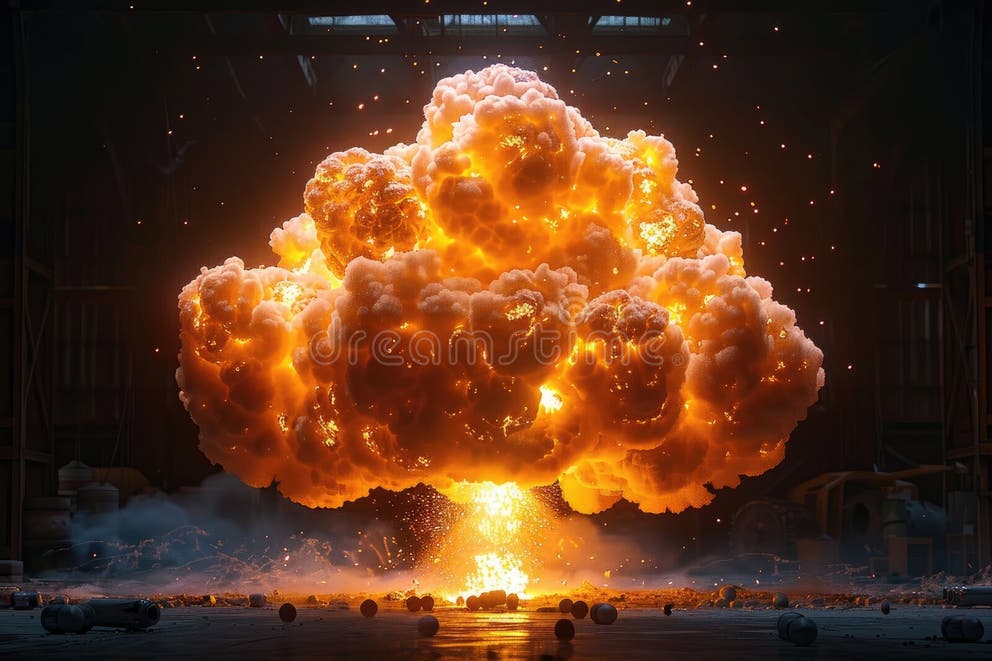 Fiery Explosion and Smoke Cloud: Epic Blast in Dark Setting Stock ...