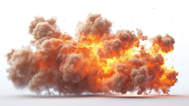 Fiery Explosion with Smoke and Debris on White Background Stock ...