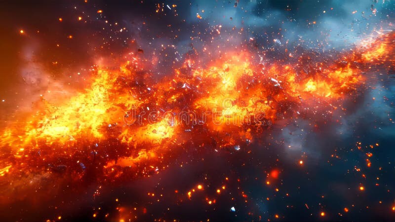 A Fiery Explosion in Space with Debris and Particles Flying in All ...