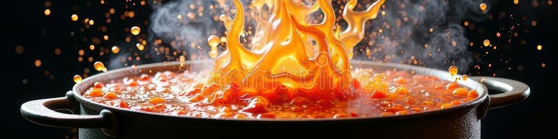Fiery Explosion of Spicy Tomato Soup in a Steaming Pot Stock Photo ...