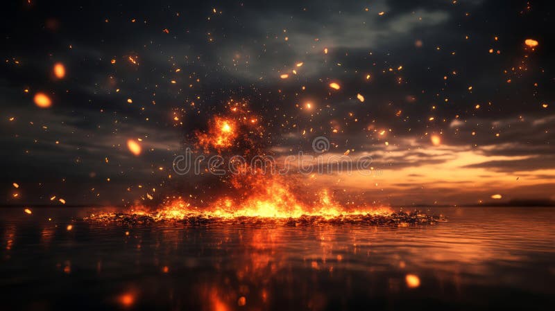 Fiery Explosion on Water with Sparks Flying Stock Illustration ...