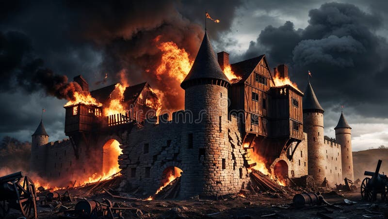 Fiery Explosions Engulf Medieval Castle Under Siege Stock Illustration ...
