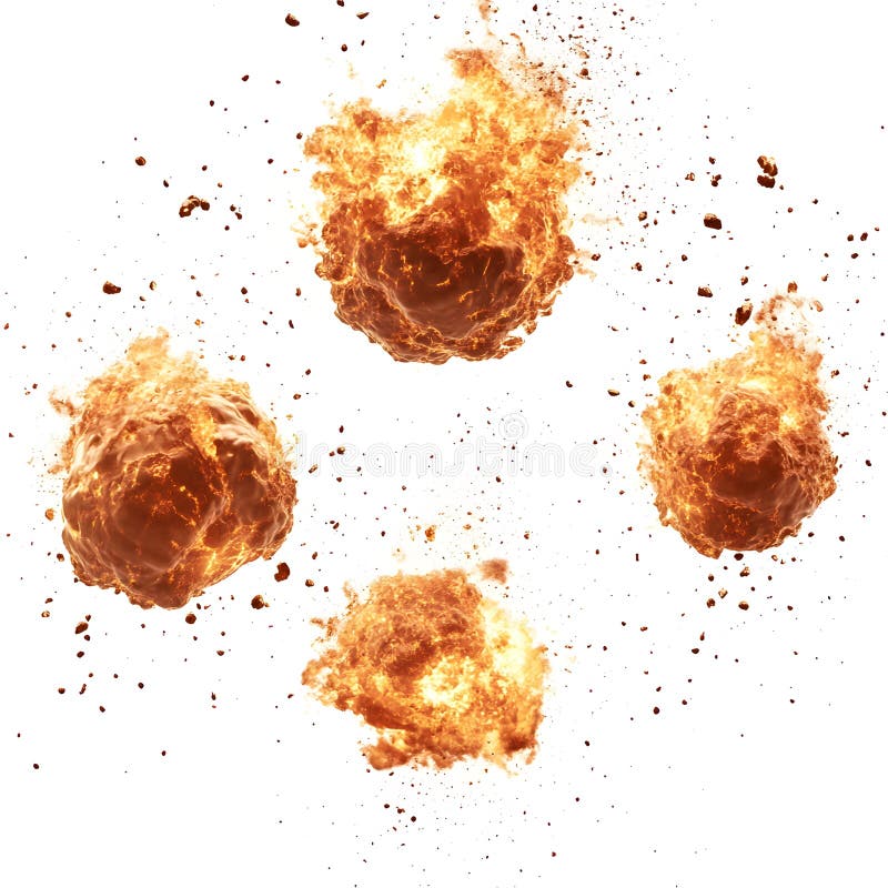 Fiery Explosions with Smoke and Debris Isolated on White Background ...
