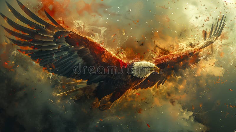 Fiery-Eyed Eagle Gliding through a Dynamic Explosion of Smoke and Ember ...