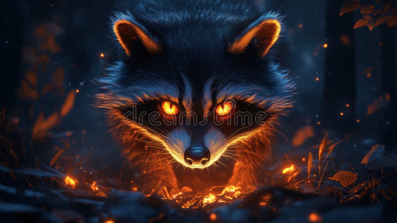 Raccoon with Glowing Eyes in Fiery Forest. Stock Illustration ...